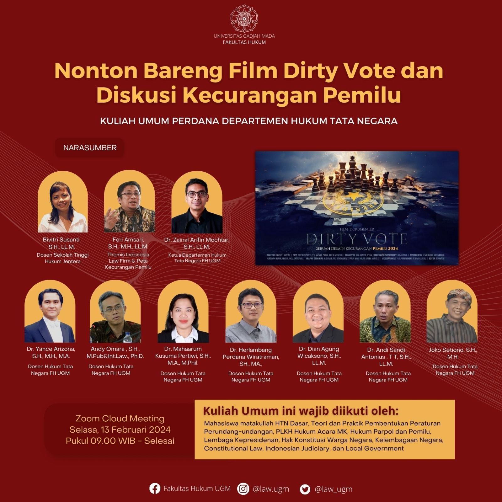 Kuliah Umum Perdana Departemen Hukum Tata Negara UGM Gelar Nobar Film Dirty Vote Bareng 3 Aktornya